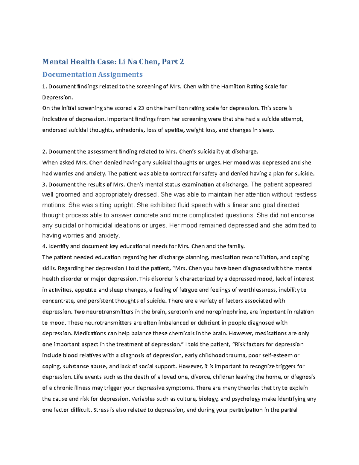 Li Na Chen Mental Health Case Study: Documentation Assignments Part 2 ...