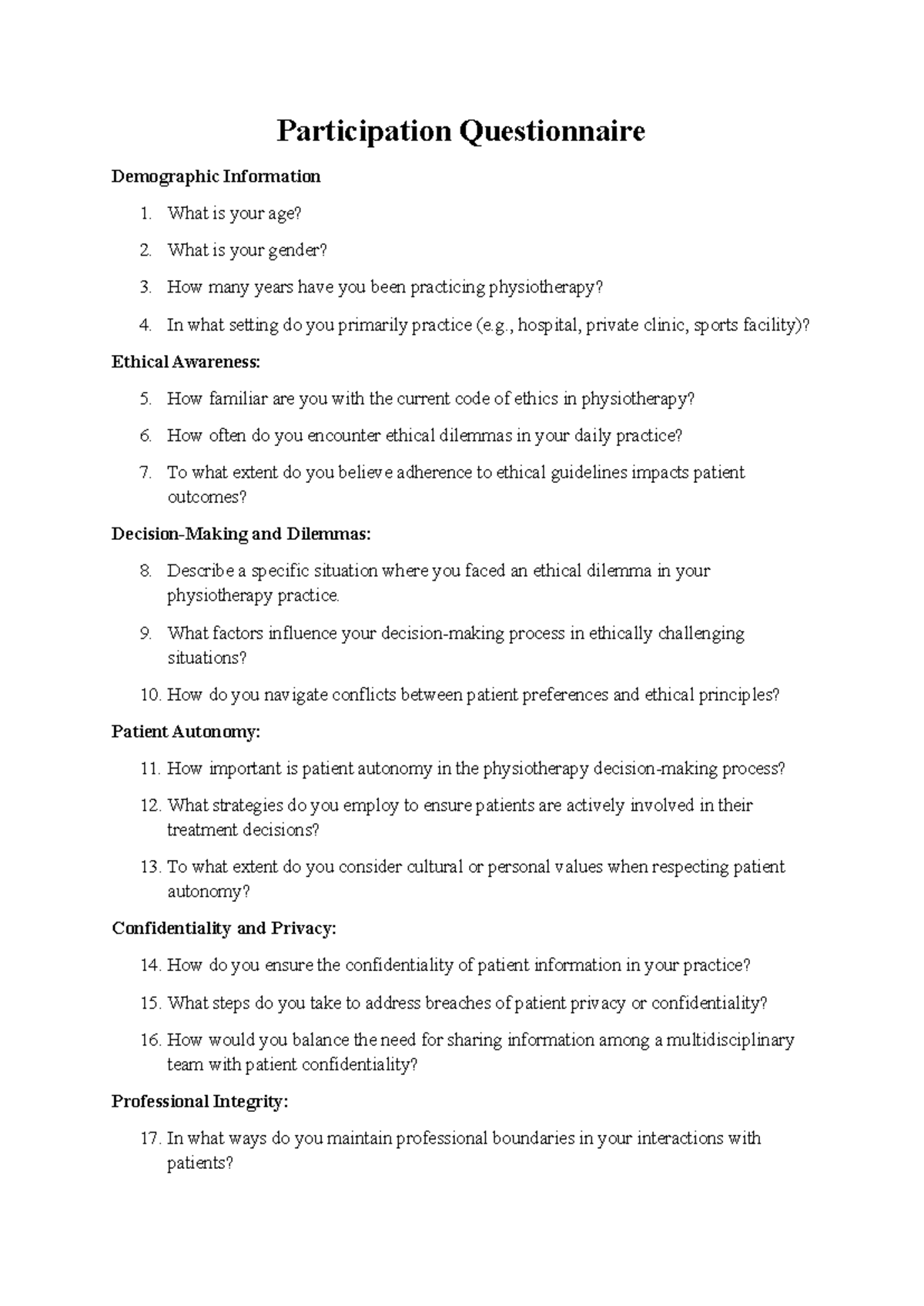 Physiotherapy Ethics Participation Questionnaire for Analysis - Studocu