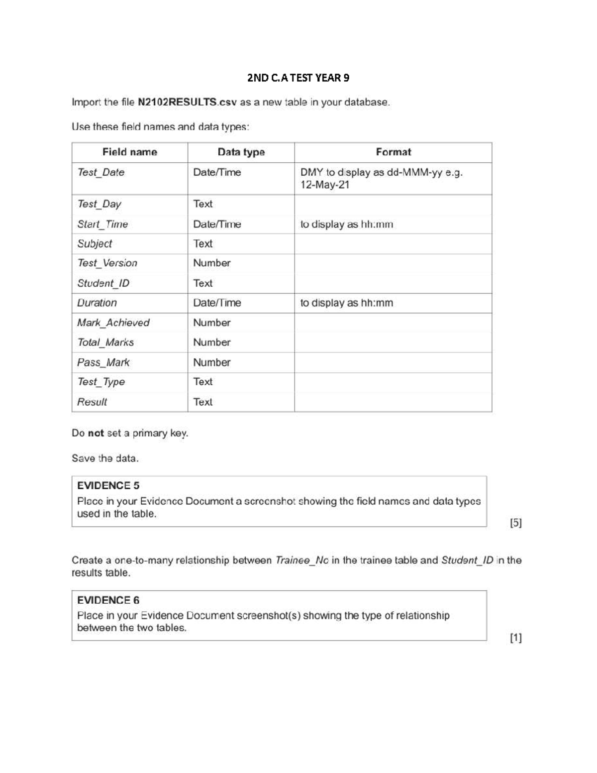 2ND C.A TEST YEAR 9 - Database Table Creation & Report Guidelines - Studocu