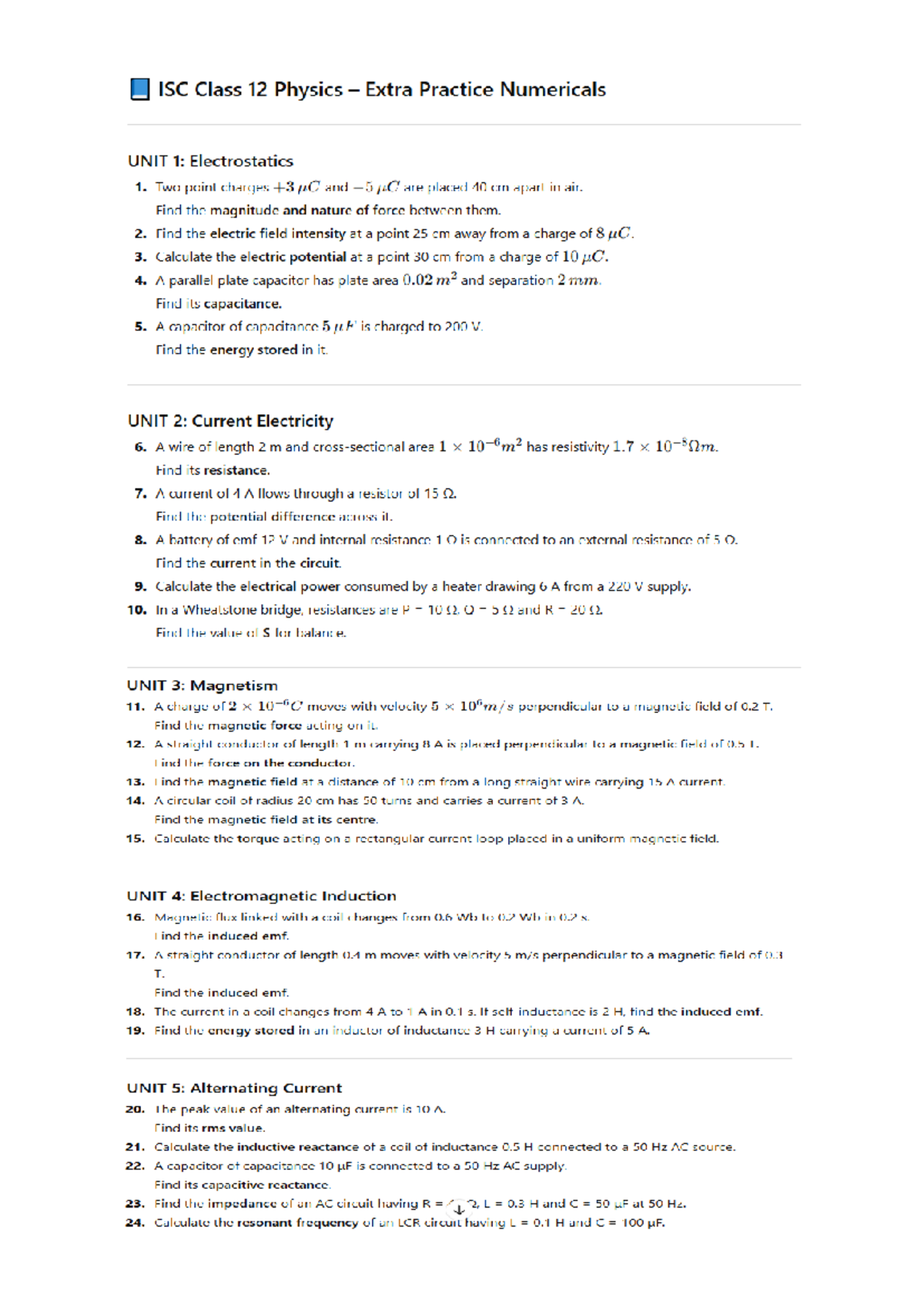 ISC Class 12 Physics Extra Practice Numericals: Electrostatics to AC ...