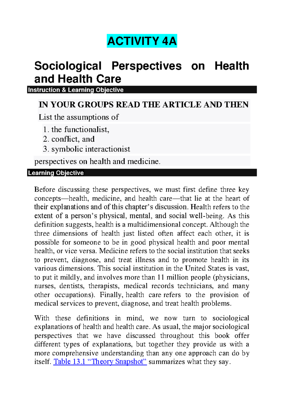 Sociological Perspectives on Health and Health Care (SOC-101) Analysis ...