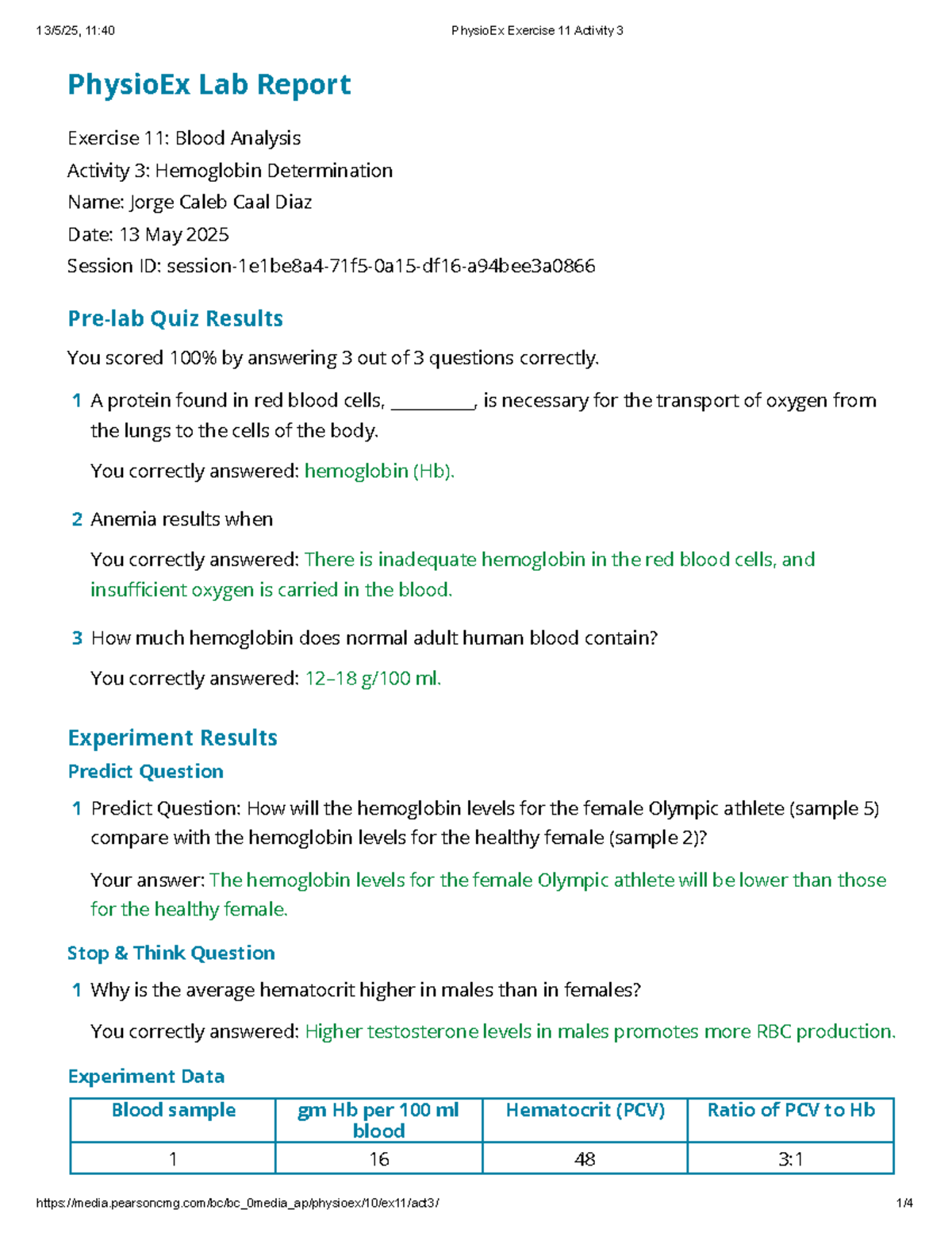 Physioex 11 Blood Analysis Hemoglobin Determination Lab Report Studocu