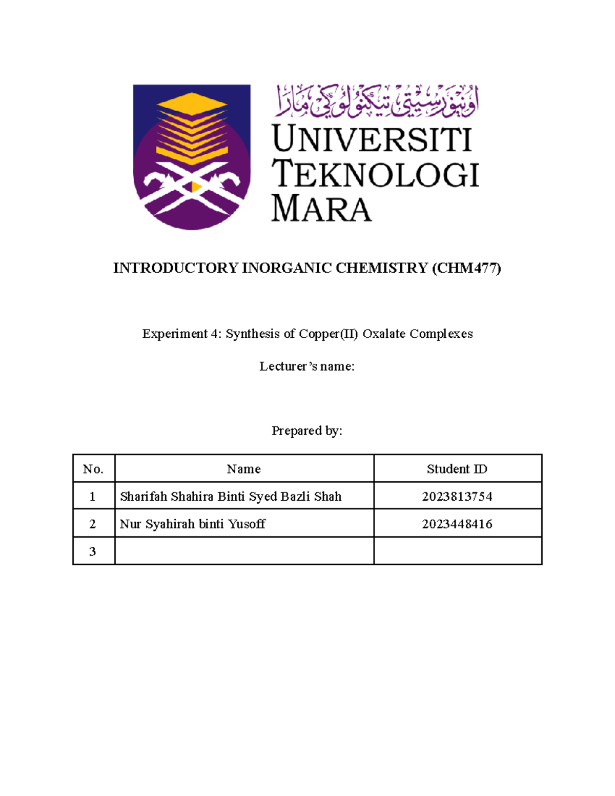 CHM477 Exp 4: Synthesis of Copper(II) Oxalate Complexes - Studocu