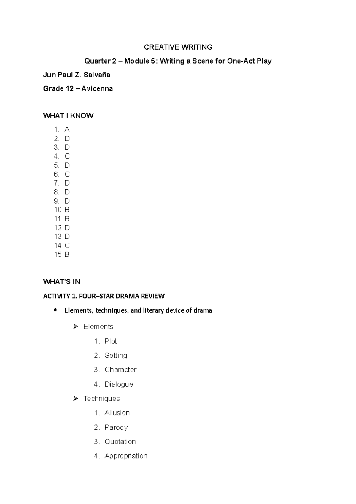 Creative Writing Q2 M5 - ANSWERS - CREATIVE WRITING Quarter 2 – Module ...