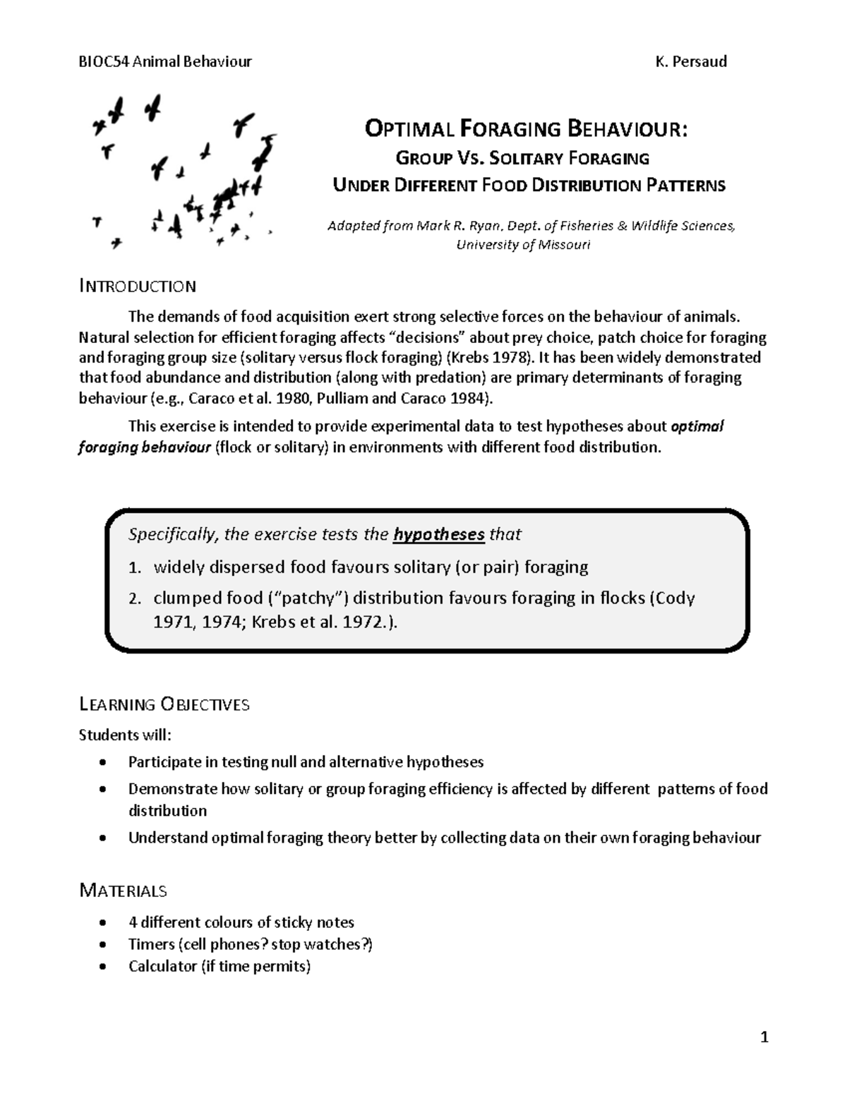 Optimal Foraging Behaviour Tutorial- Student Version - OPTIMAL FORAGING ...