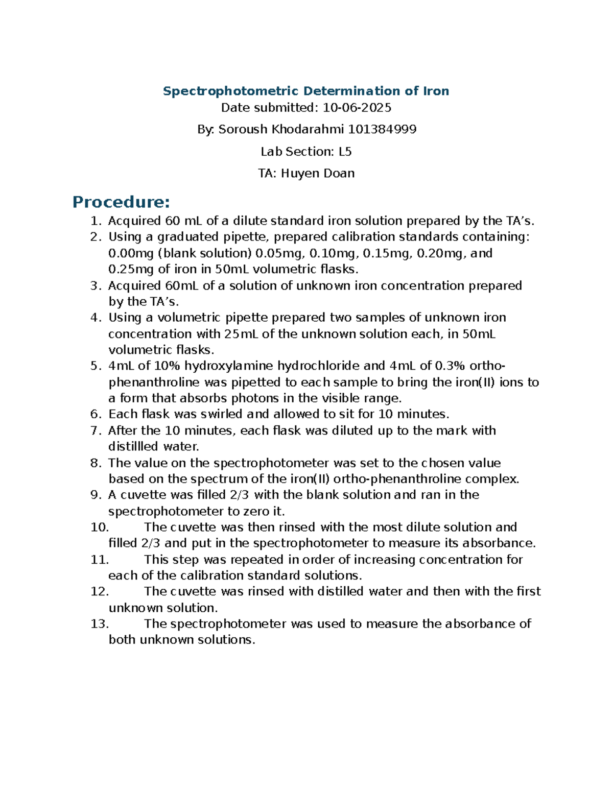Spectrophotometric Analysis of Iron Concentration in Lab L5 - Studocu