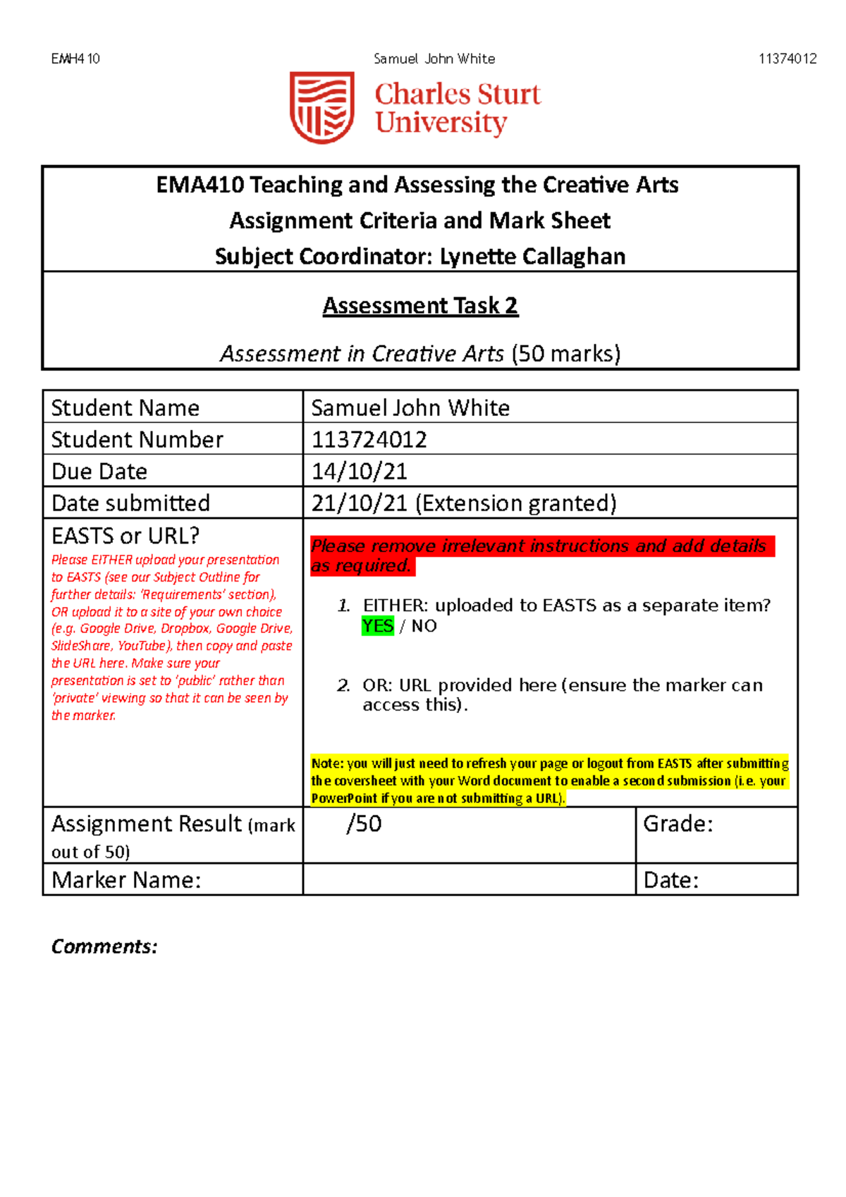 EMA410 Assignment 2: Teaching & Assessing Creative Arts (50 Marks ...