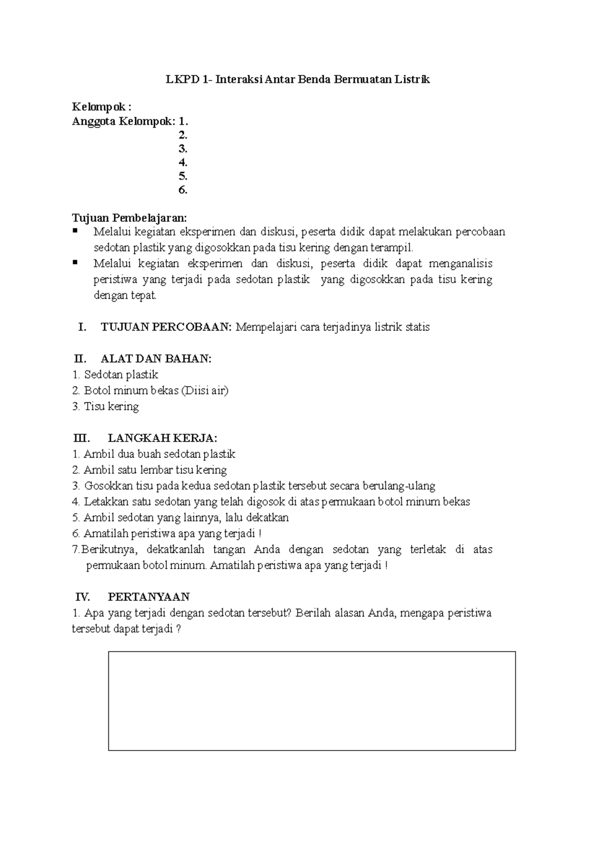 LKPD- Eksperimen Listrik Statis dan Interaksi Muatan - Studocu
