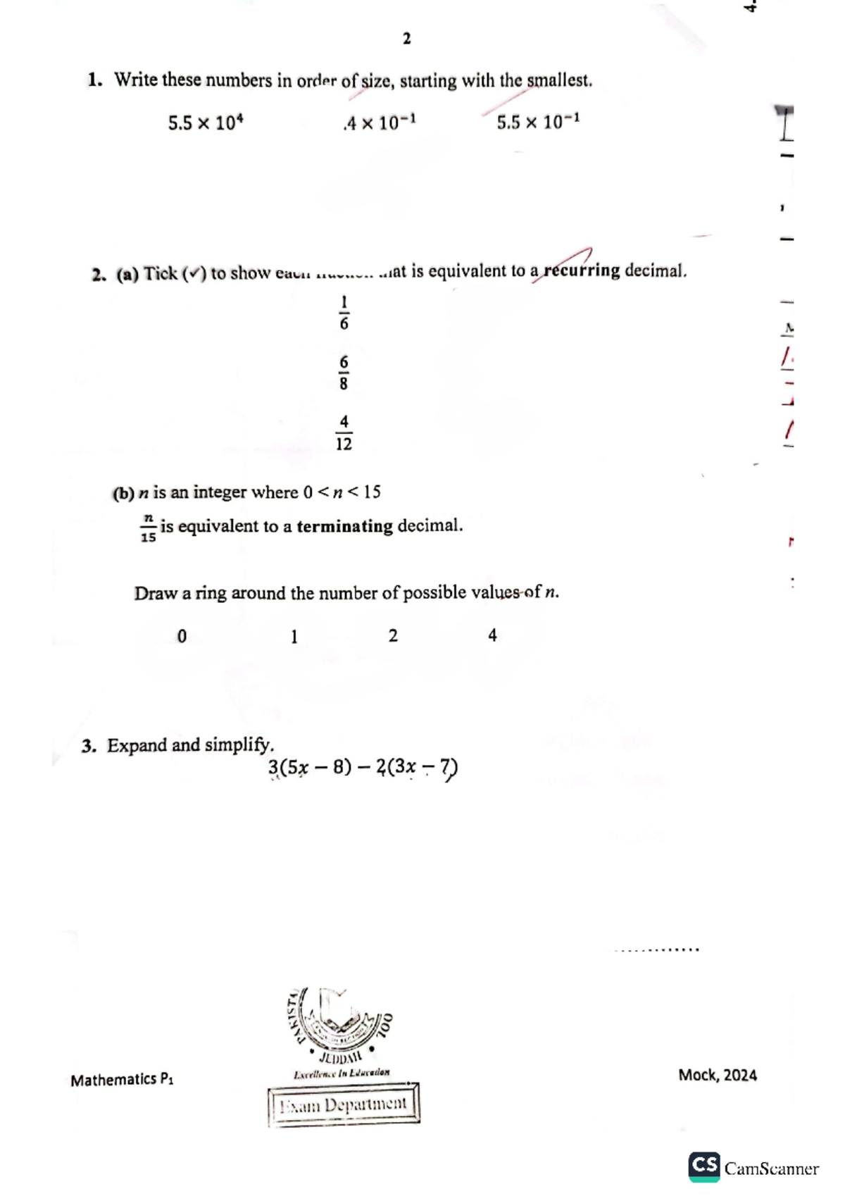 Y8 Math P1 Mock Exam Review 2024 - Unsolved Problems - Studocu