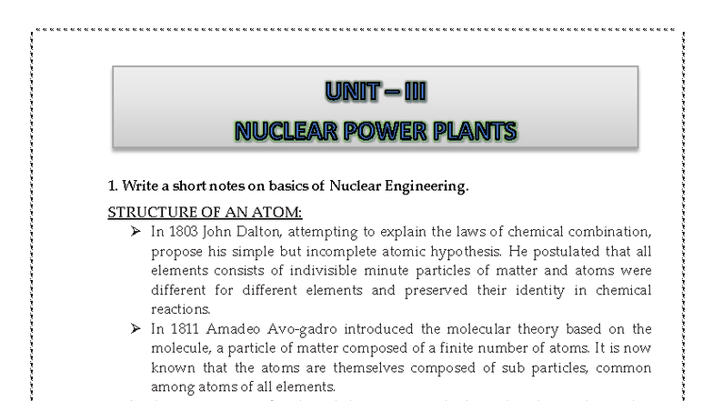 Unit II - Nuclear Power Plants - Write a short notes on basics of ...