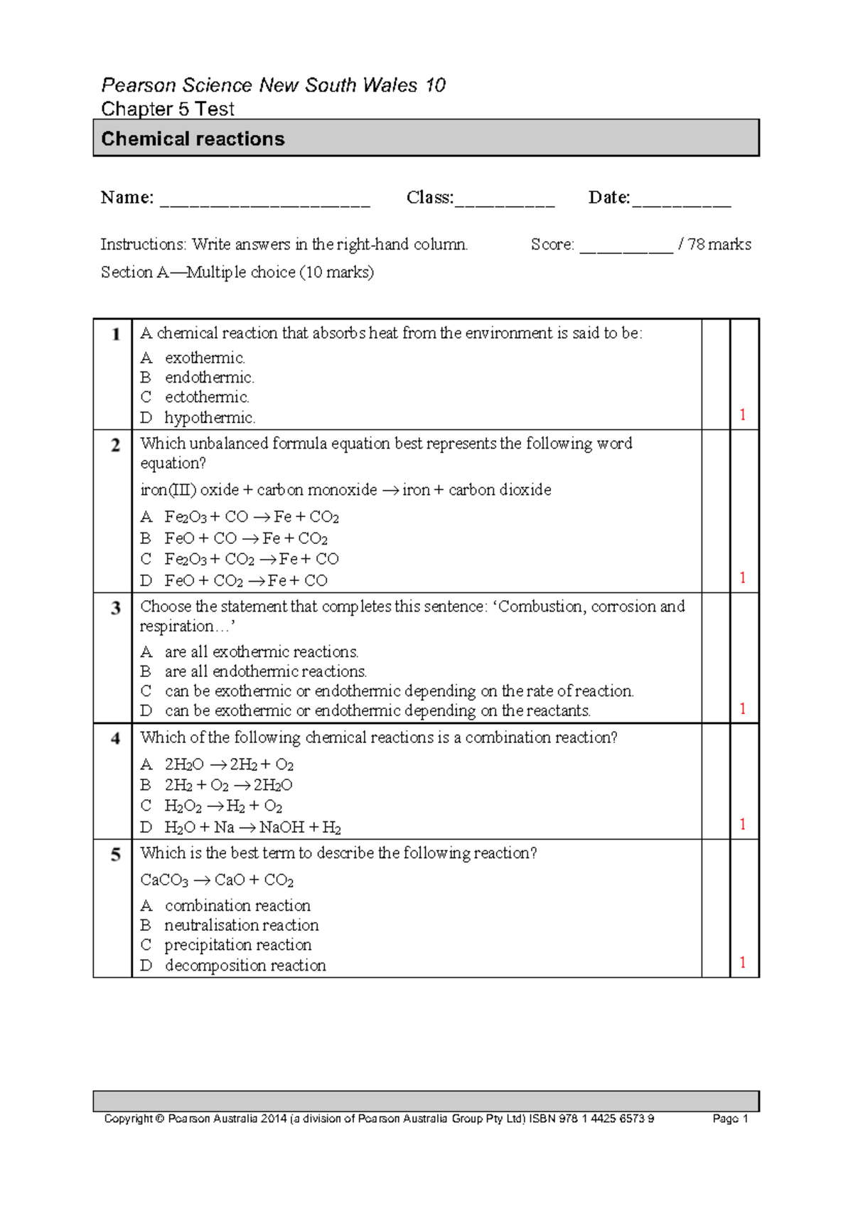 Pearson Science NSW 10 Chapter 5 Test: Chemical Reactions Practice ...