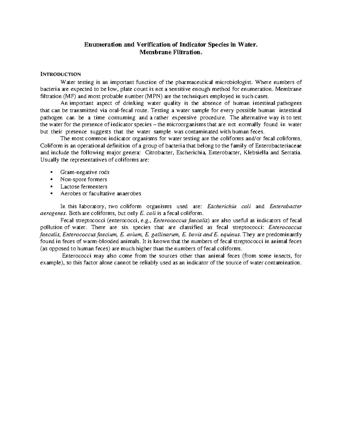 Lab 1. Membrane filtration - Enumeration and Verification of Indicator ...