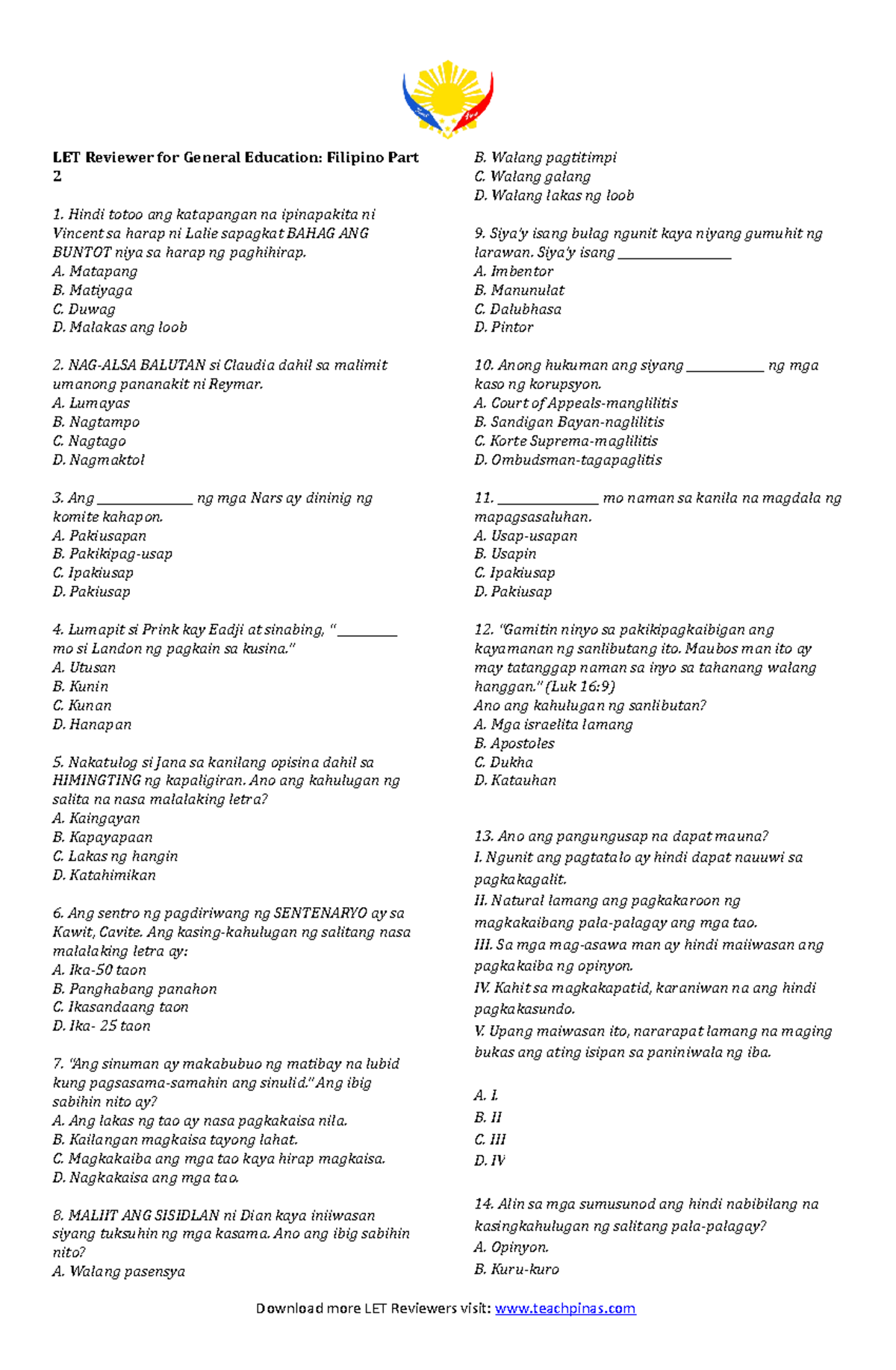 LET Final Exam Reviewer: Filipino Part 2 - Questions & Answers - Studocu