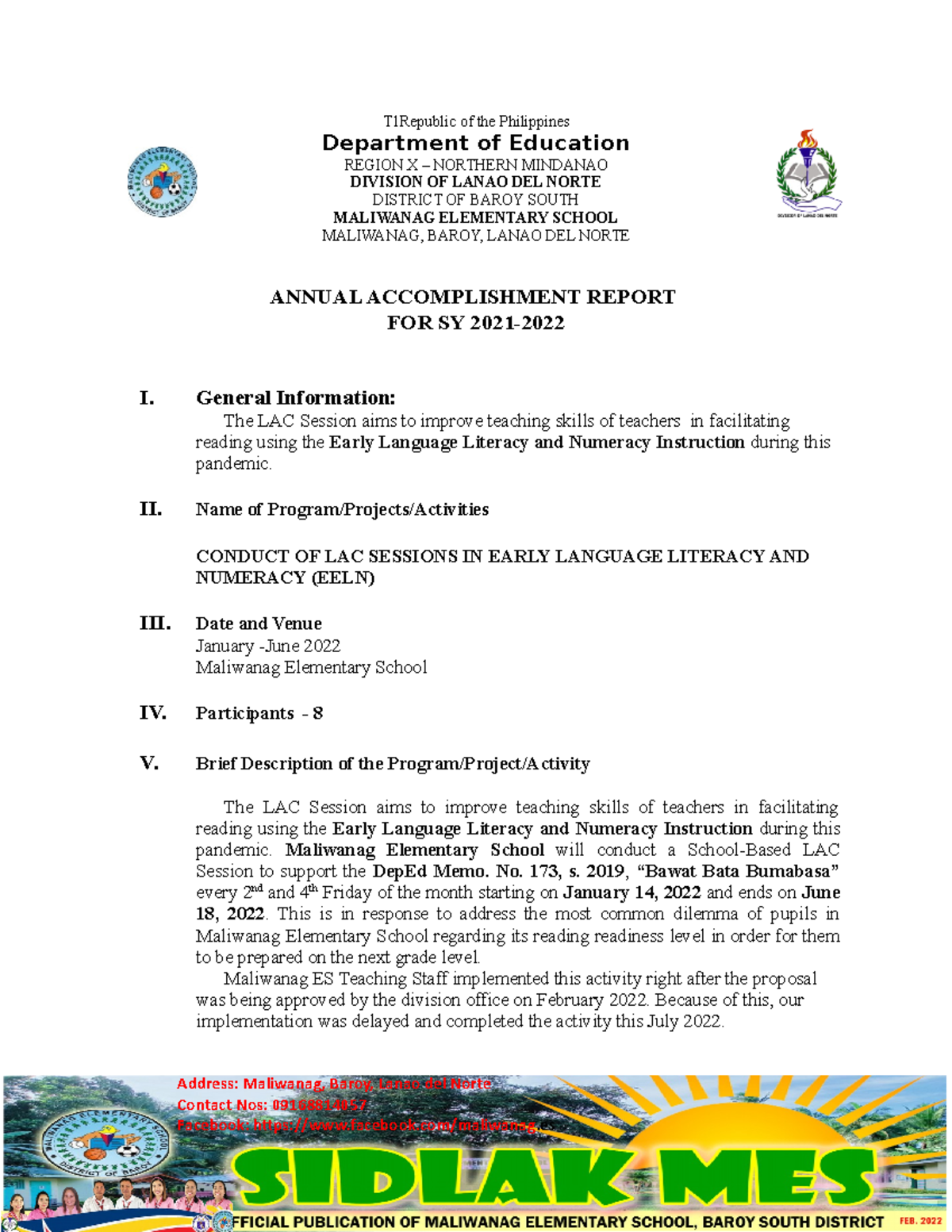 Annual Accomplishment Report for EELN Program SY 2021-2022 - Studocu