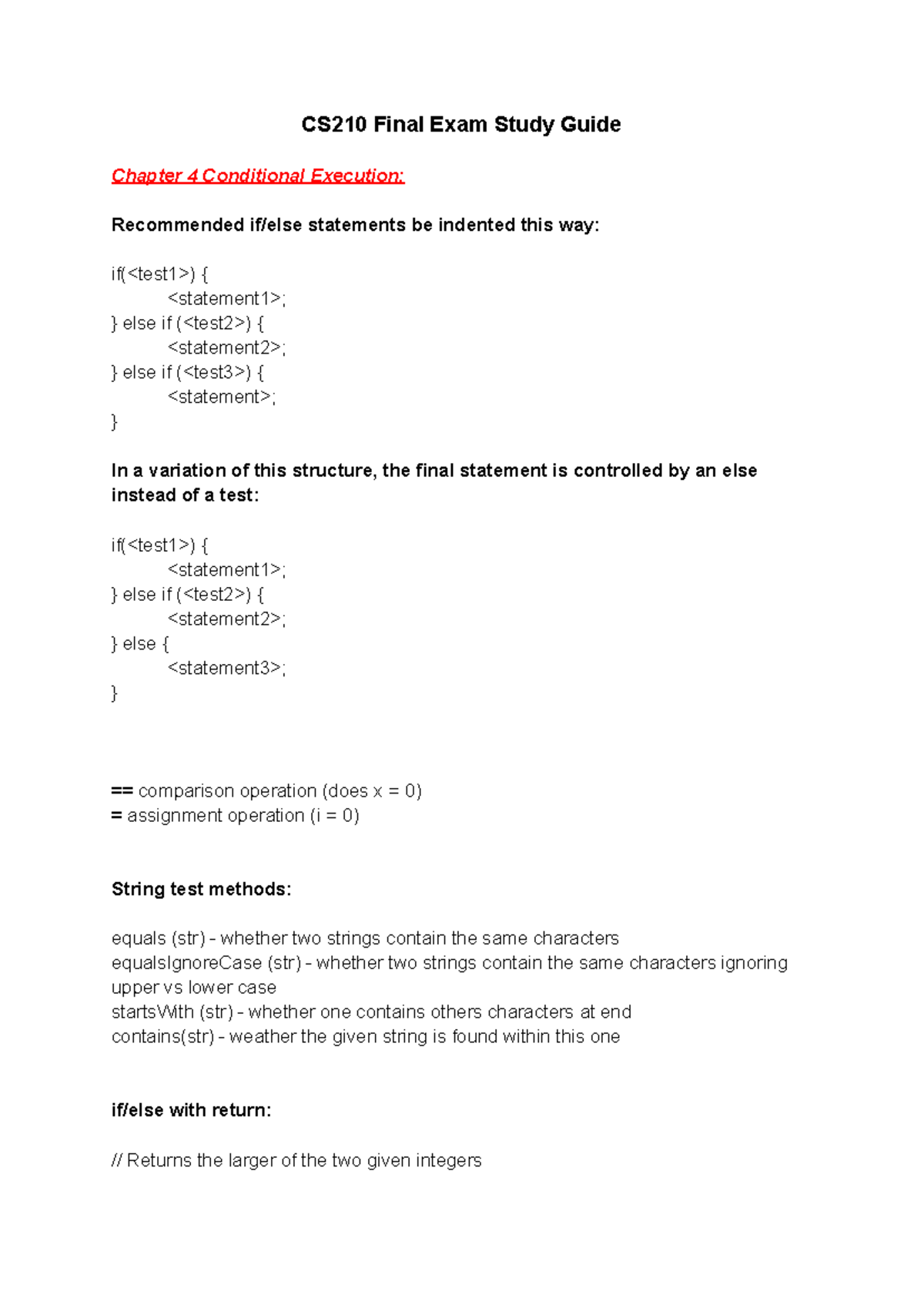 CS 210 Final Exam Study Guide - Chapter 4: Conditional Execution - Studocu