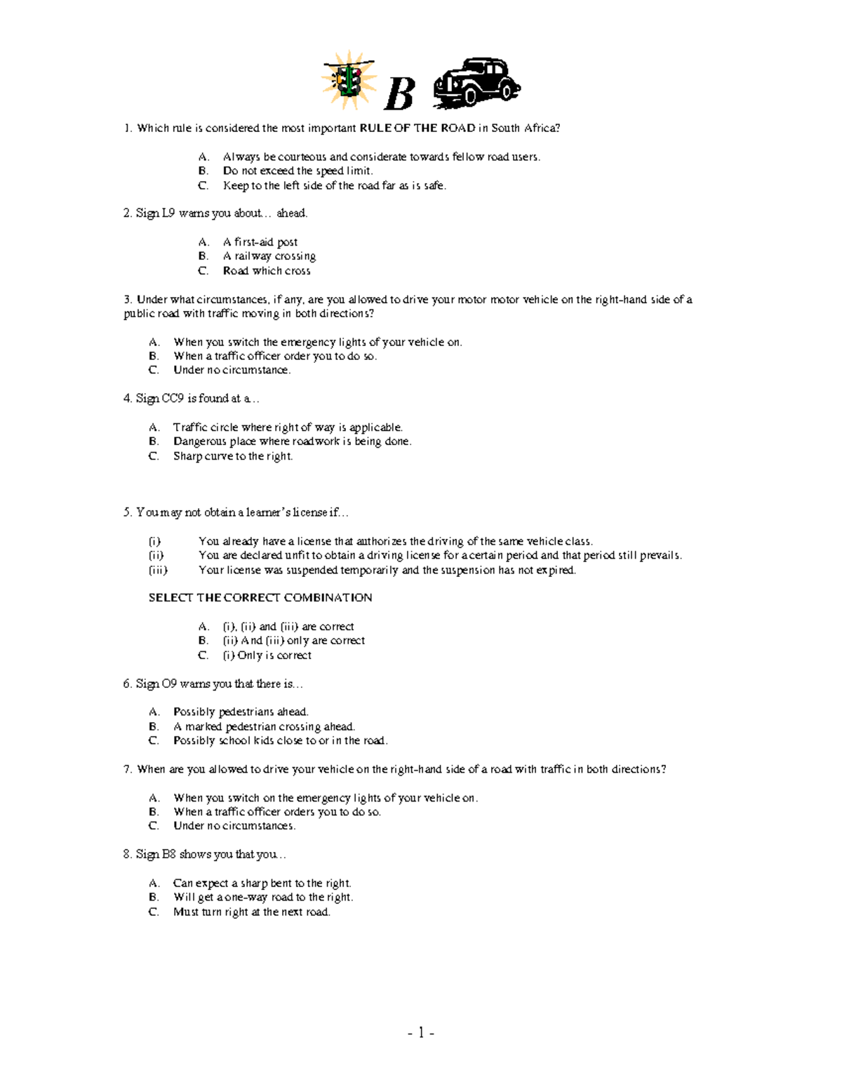 Learner's License Study Guide: Book B-1 for Code 1, 2, & 3 - Studocu