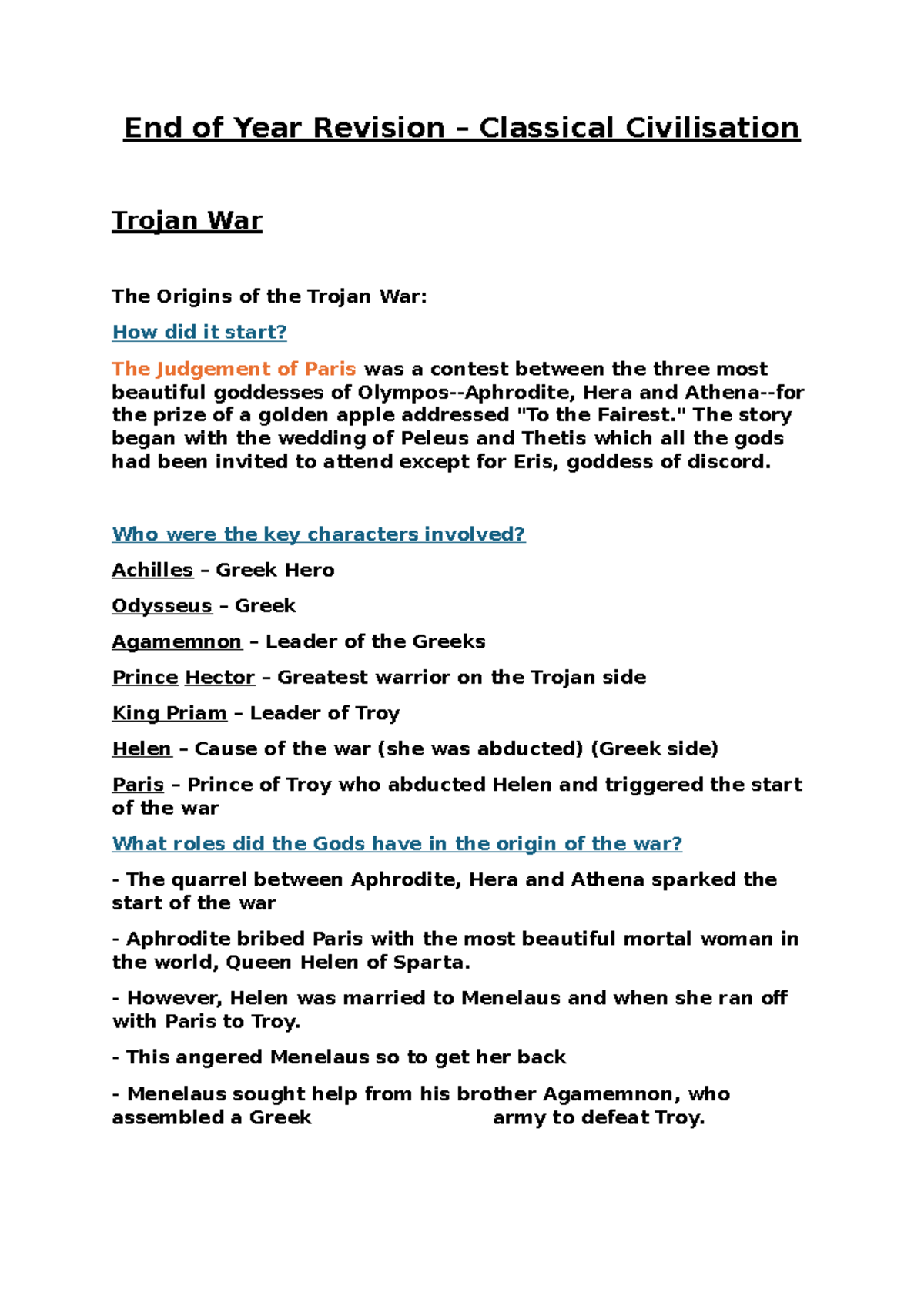 CCL EOY Revision - Trojan War Origins and Key Characters - Studocu