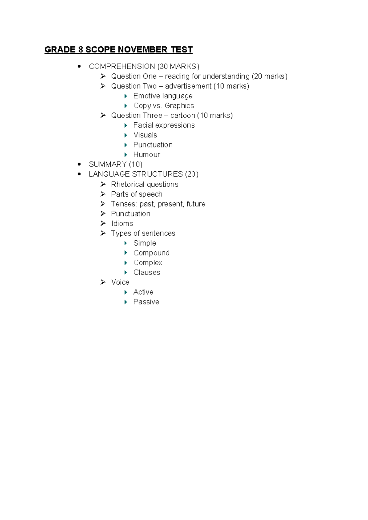 Grade-8- Scope - All notes - GRADE 8 SCOPE NOVEMBER TEST COMPREHENSION ...