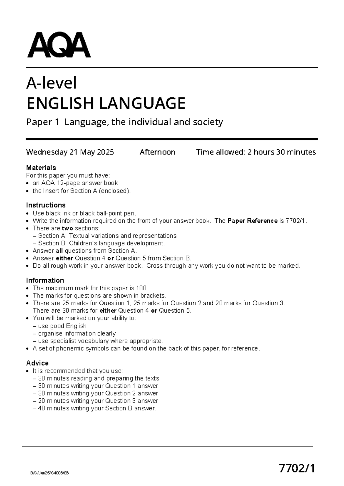 AQA ENGLISH LANGUAGE Paper 1: Language, Individual & Society - 21 May ...