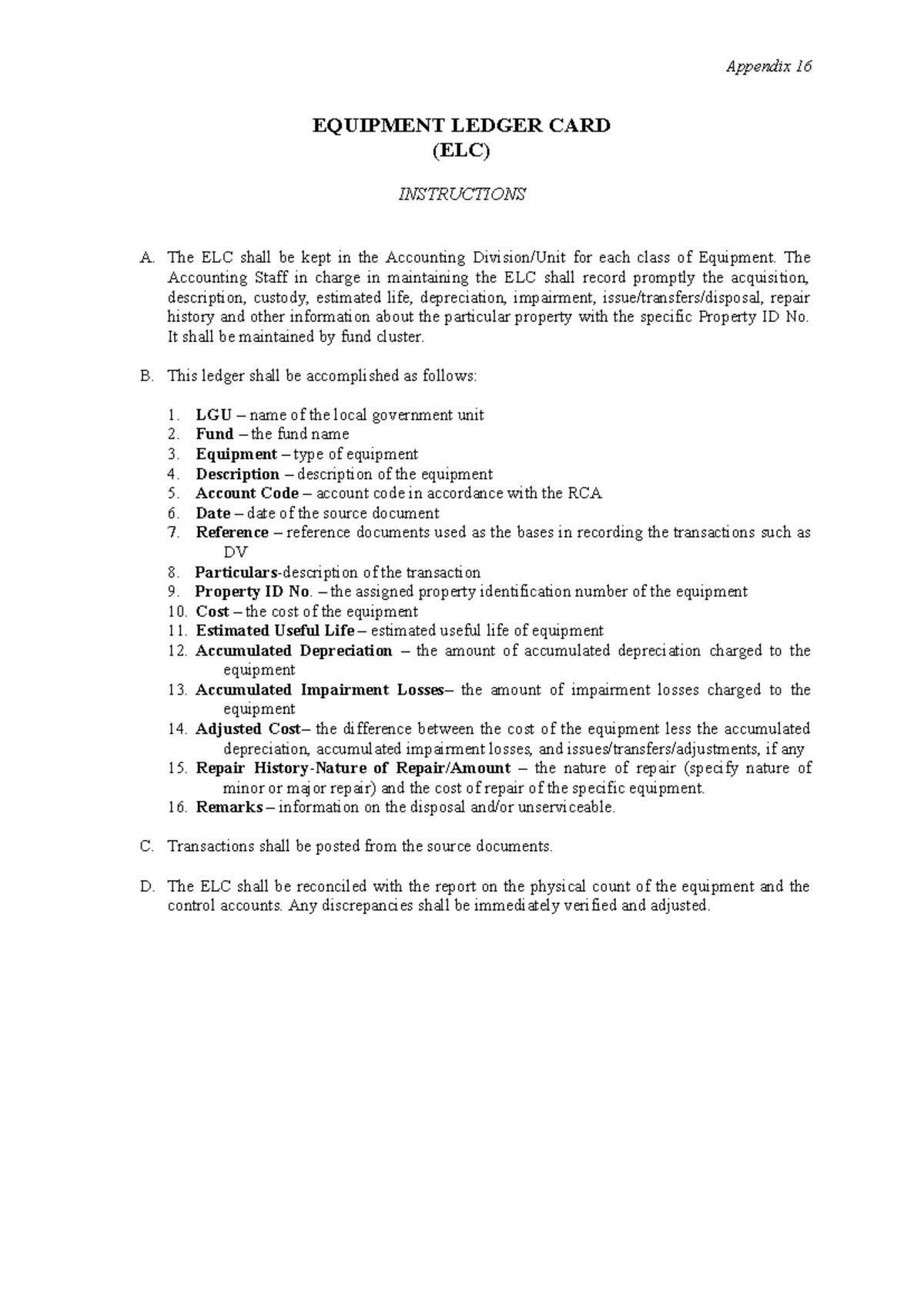 Appendix 16 - ELC Instructions for Equipment Ledger Maintenance - Studocu