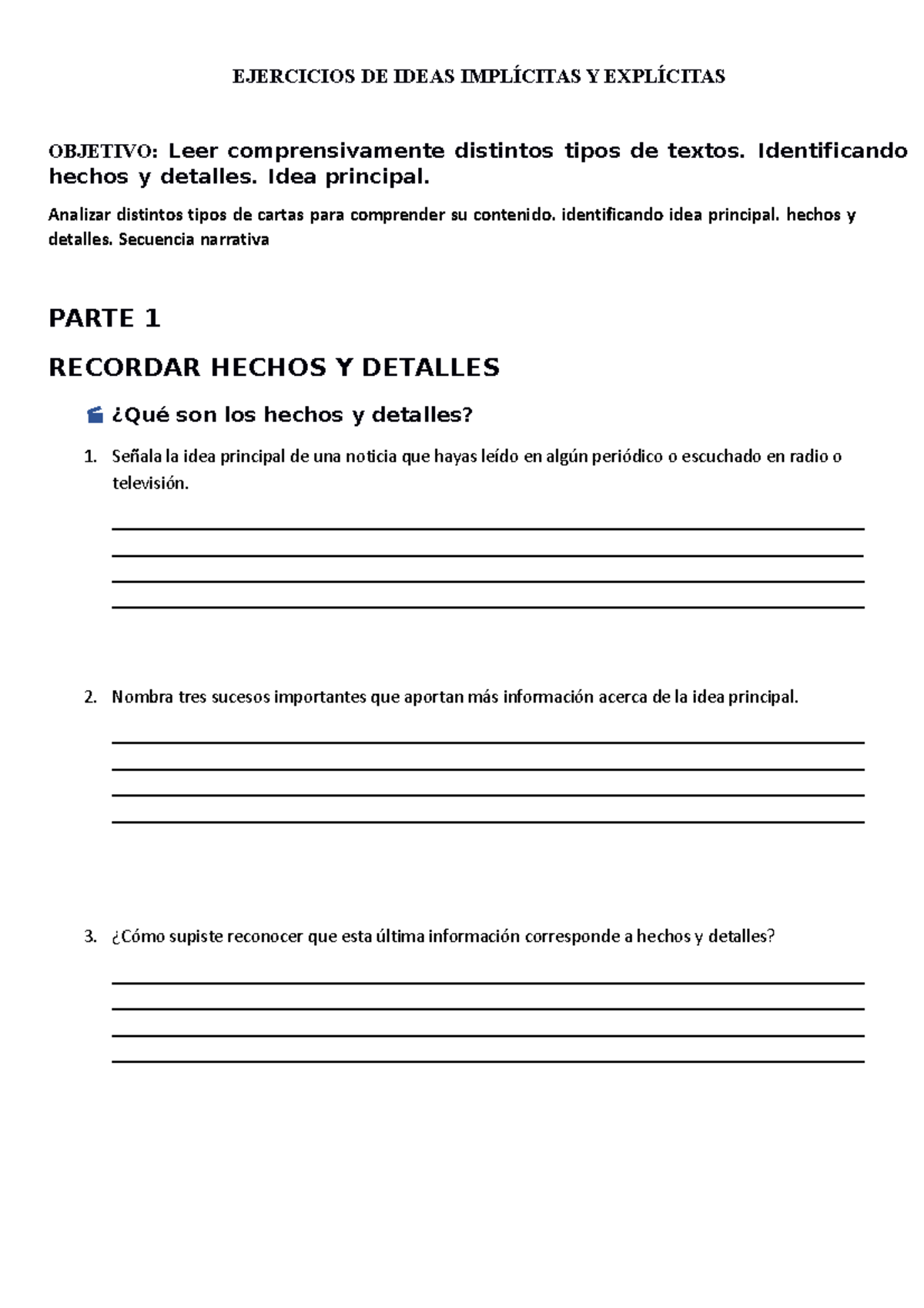 Ejercicios sobre Ideas Implícitas y Explícitas en Lectura y Análisis ...