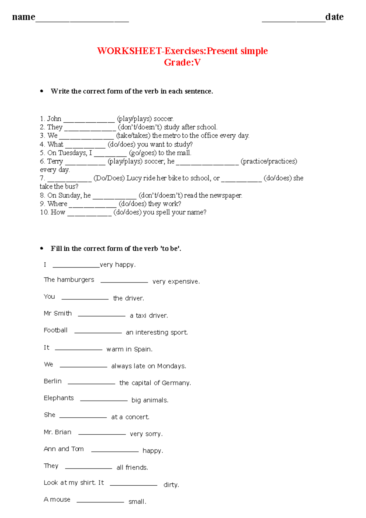 Verb Present Simple Grade: V - Correct Verb Forms Exercise - Studocu
