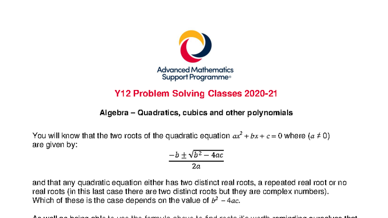 Y12 Algebra Problem Solving: Quadratics & Polynomials Overview - Studocu