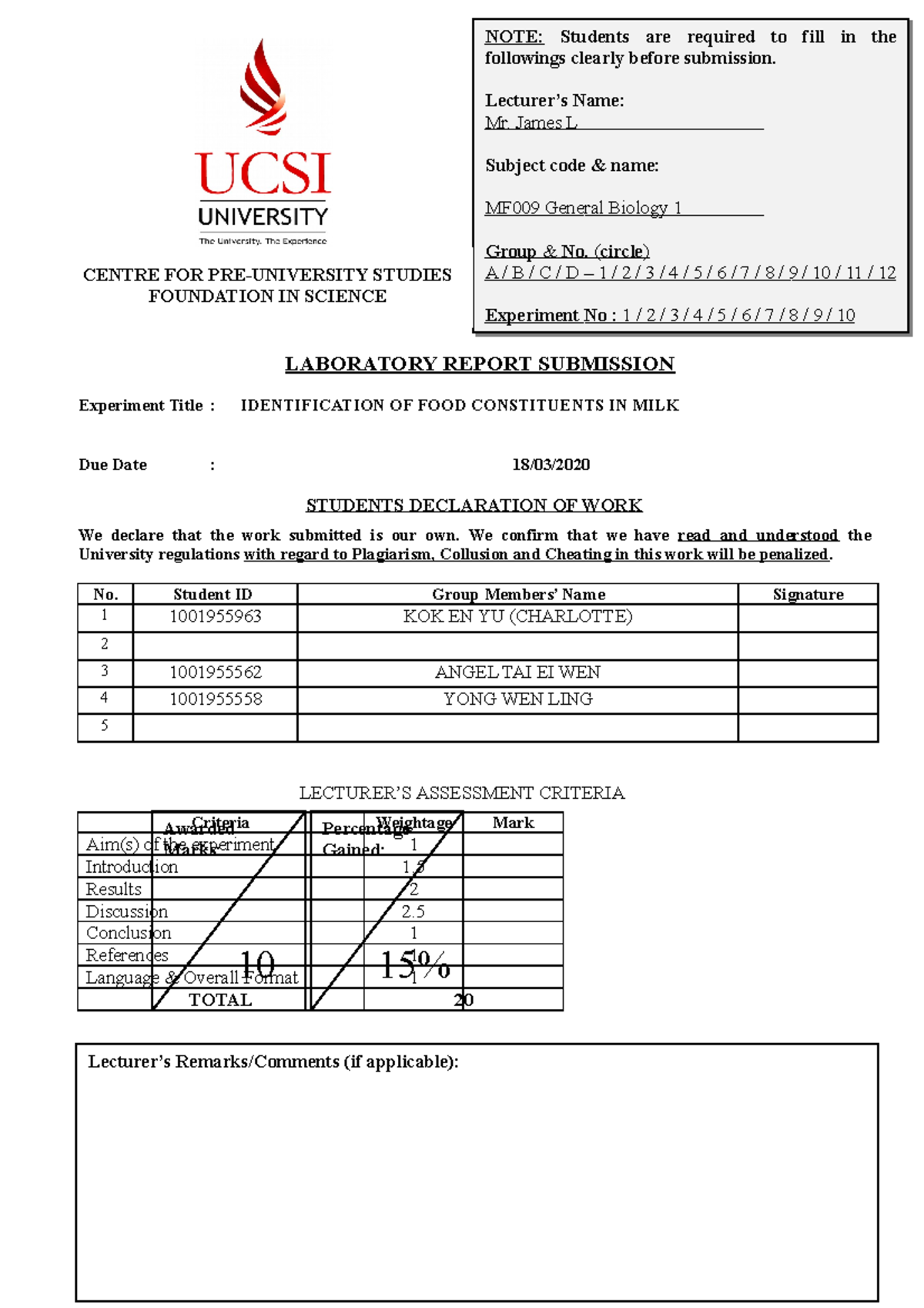 Biology Lab Report- Experiment 3 - LABORATORY REPORT SUBMISSION ...