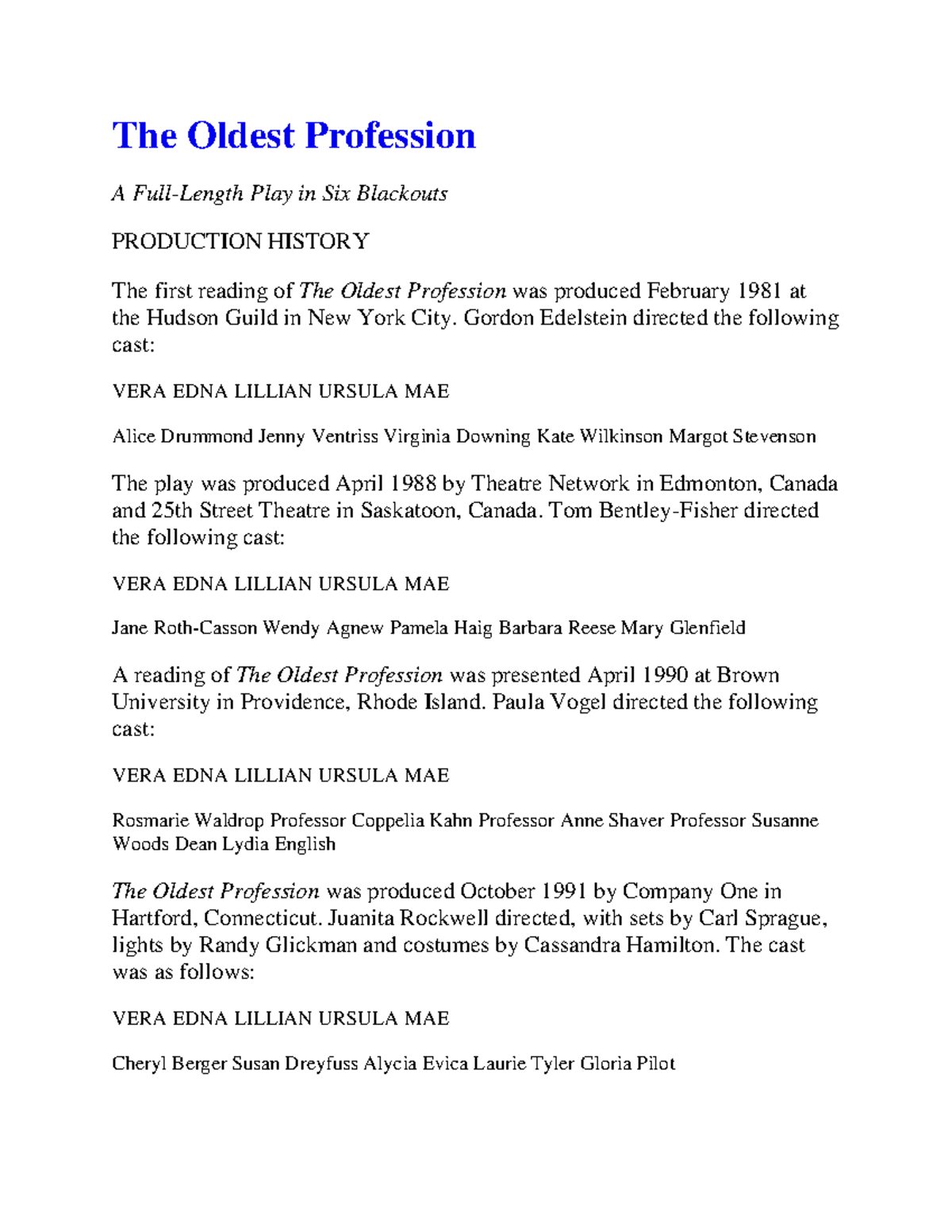 The Oldest Profession: A Play in Six Acts Featuring Four Ladies - Studocu