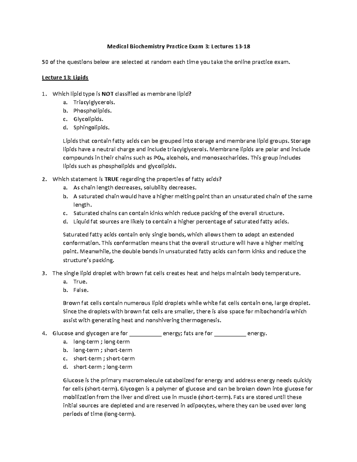 Medical Biochemistry Biochem Practice Exam 3: Lectures 13-18 ...