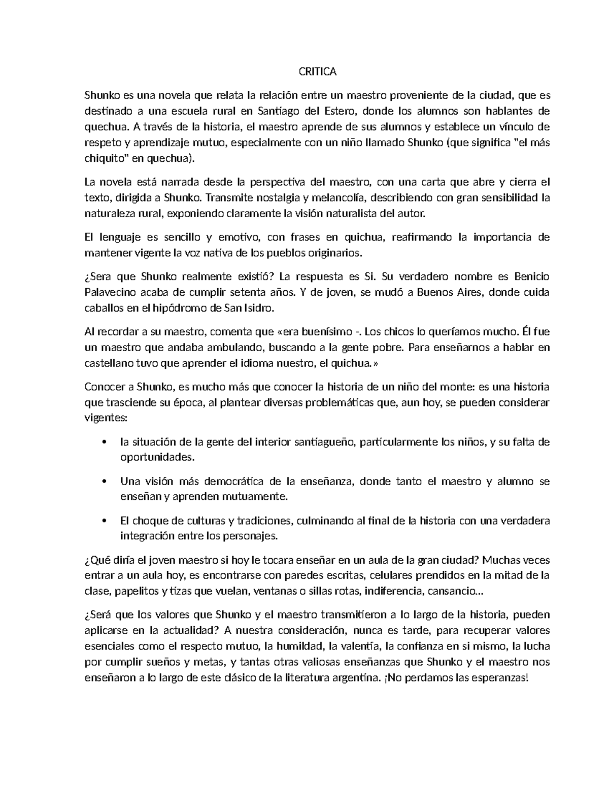 Análisis Crítico de "Shunko": Reflexiones sobre la Educación - Studocu