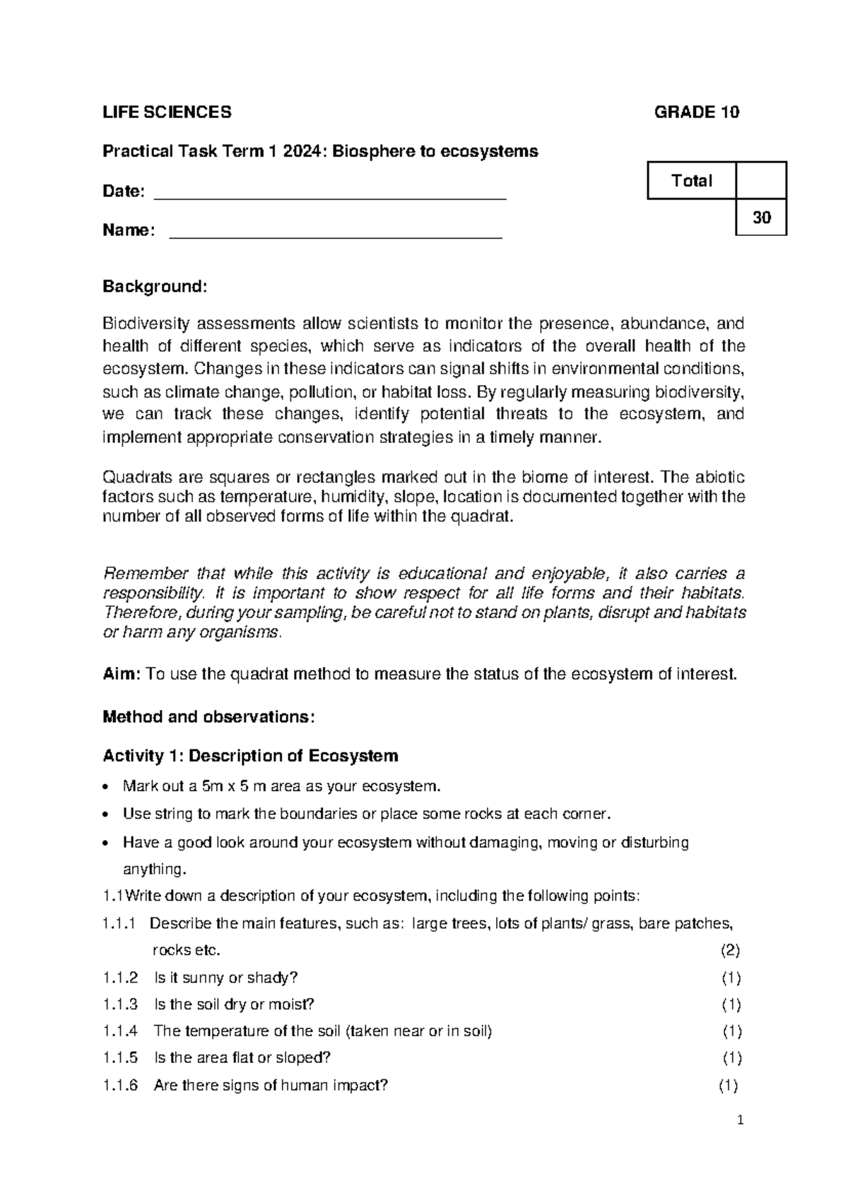 LIFE SCIENCES GRADE 10 Practical Task Term 1 2024: Ecosystem Assessment ...