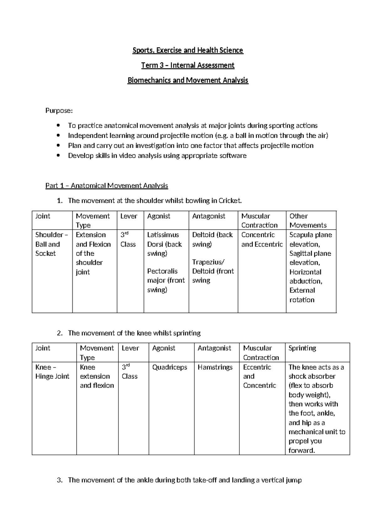 Sports, Exercise and Health Science Term 3 Biomechanics IA Analysis ...