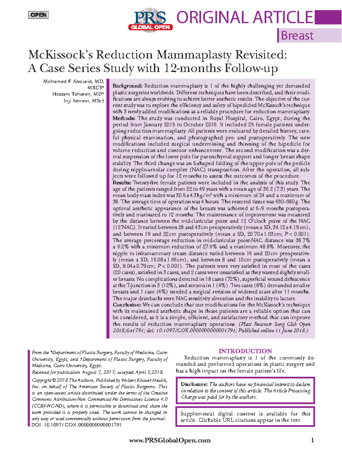 Reduction Mammaplasty with Modified Bipedicled Technique: A Case Series ...
