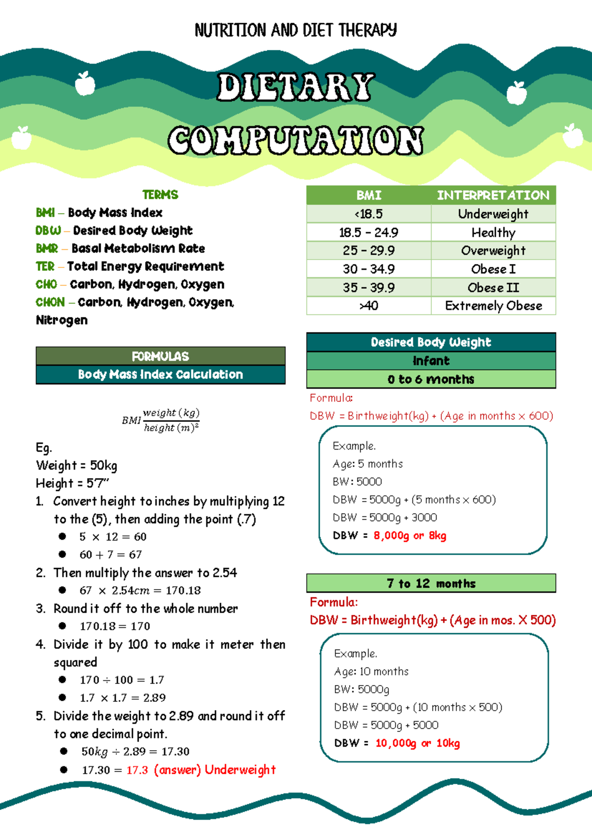Dietary Computation: BMI, DBW, BMR, and TER Formulas Explained - Studocu