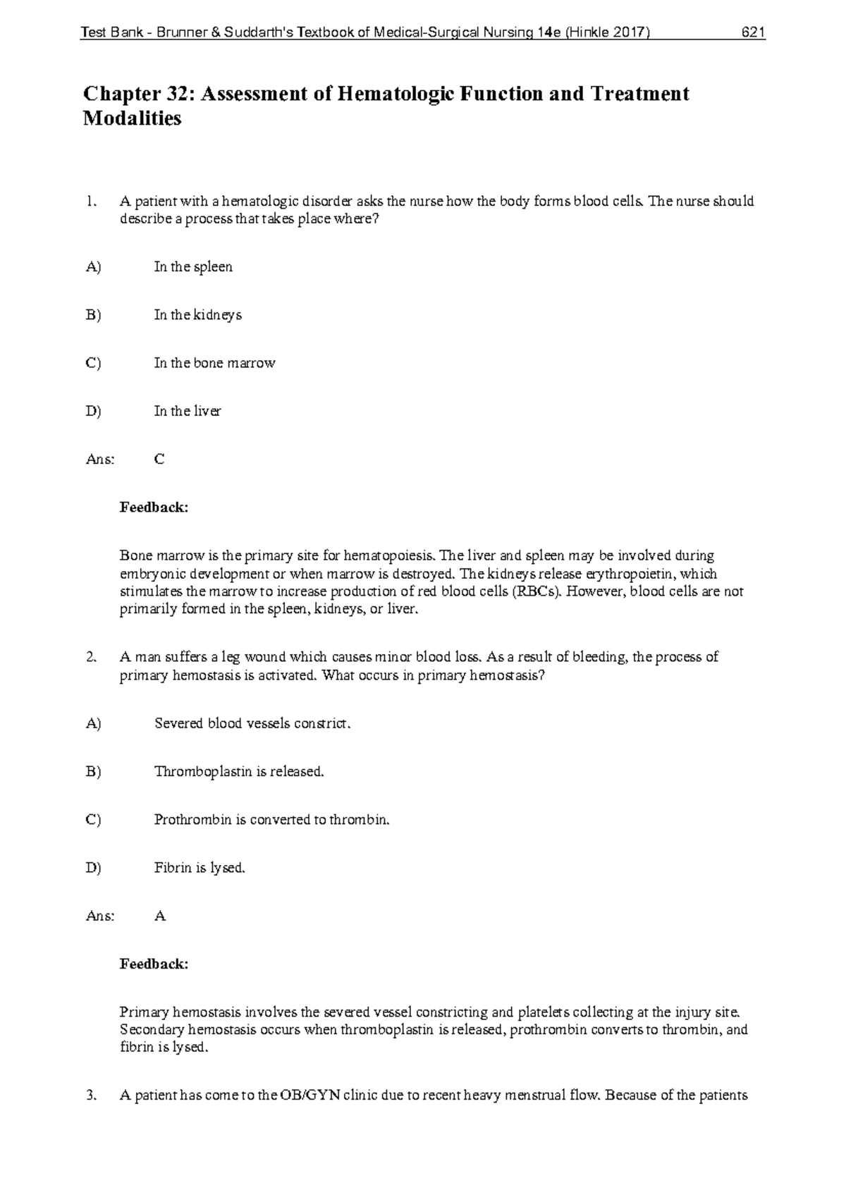 Ch 32 - Hematologic Function Assessment & Treatment Test Bank - Studocu