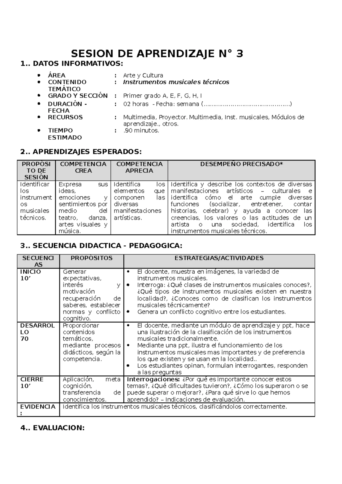 Sesion N° 5 - Claves Y Notas Musicales 1° Grado - SESION DE APRENDIZAJE 1.. DATOS INFORMATIVOS ...