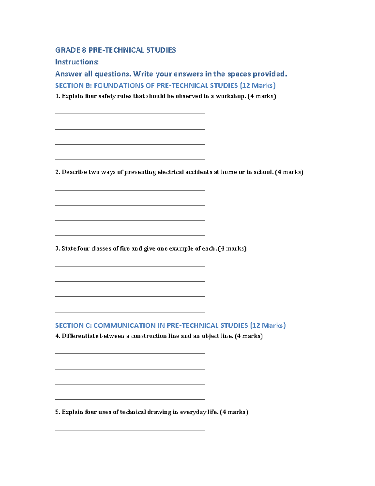 Grade 8 Pre-Tech Studies Exam Instructions & Questions (50 Marks) - Studocu