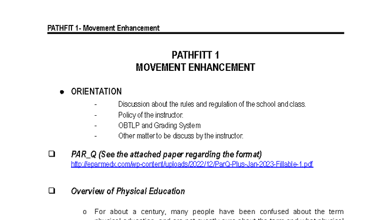 PATHFITT 1 Movement Enhancement: Overview of Physical Education and ...
