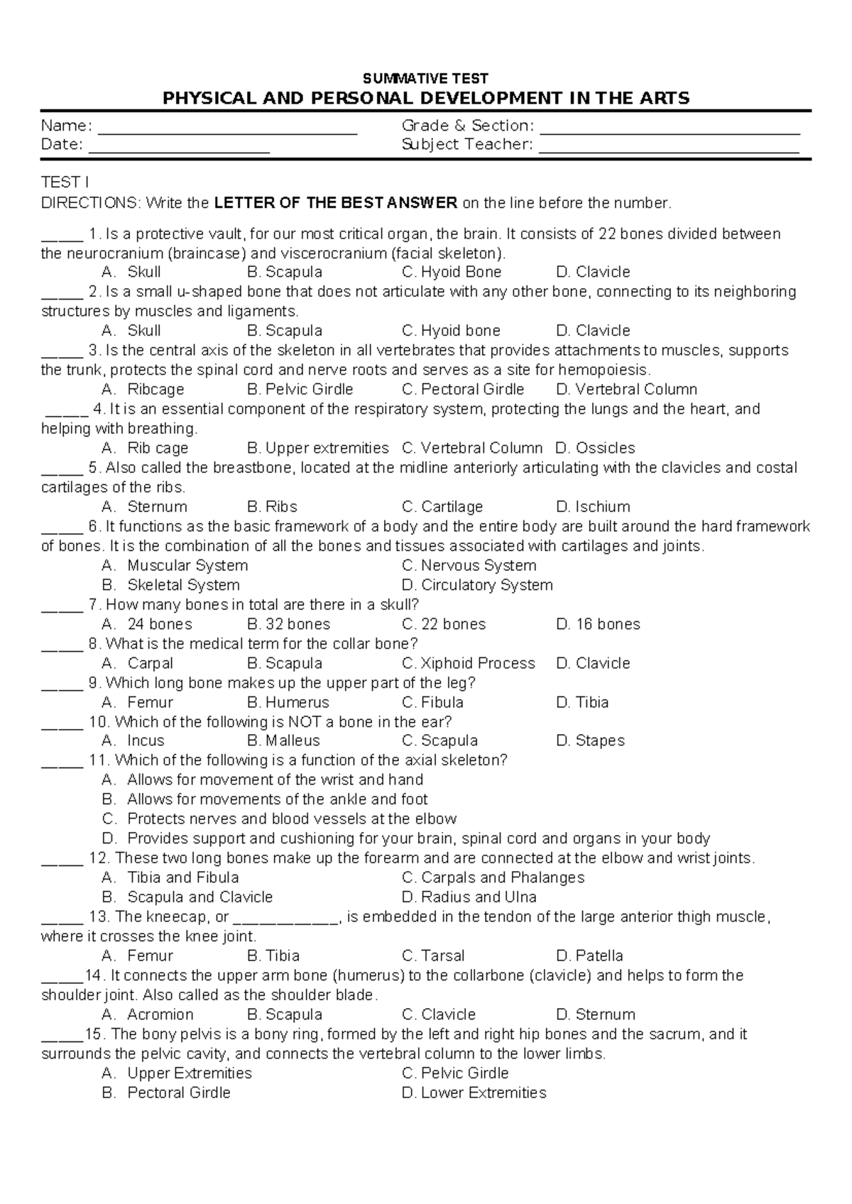1Q- PPDA Summative Test on Physical & Personal Development in the Arts ...
