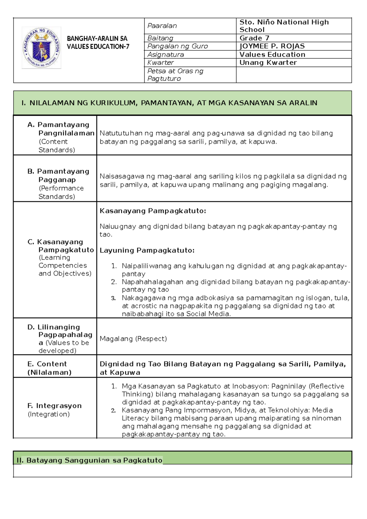 DLP VE 7 - Detailed Lesson Plan on Dignity and Respect - Studocu