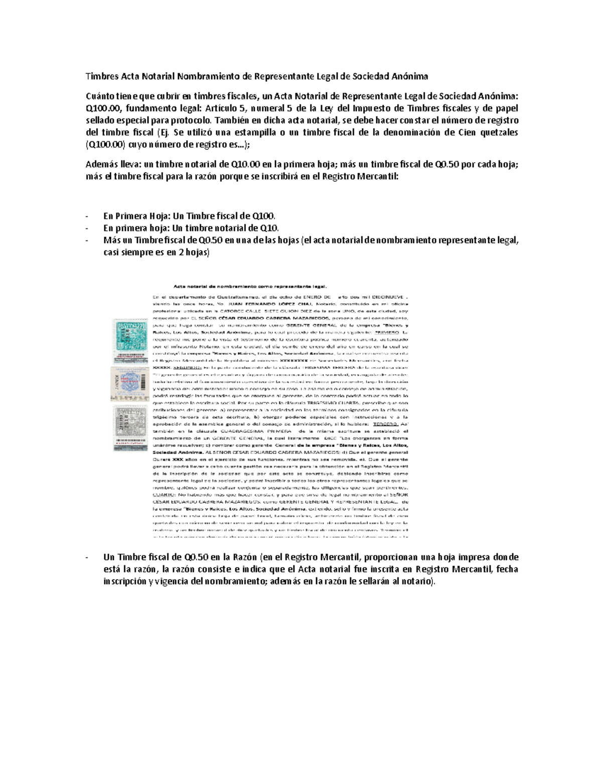 Timbres Acta Notarial para Nombramiento Legal de Sociedad Anónima ...