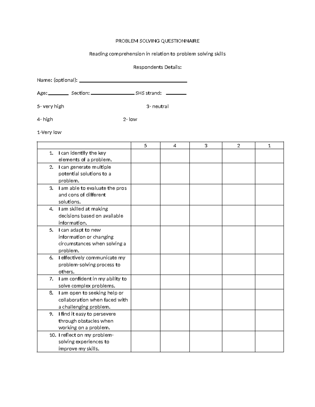 Questionnaire - goodluck to your studies - PROBLEM SOLVING QUESTIONNAIRE Reading comprehension ...