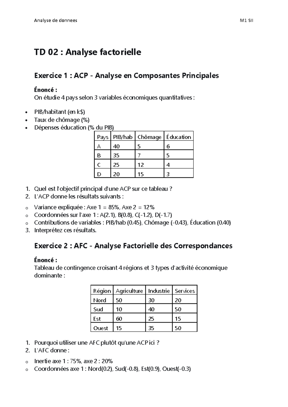 Analyse Factorielle M1 SII TD 02 : ACP, AFC, ACM, AFM et Comparaison ...