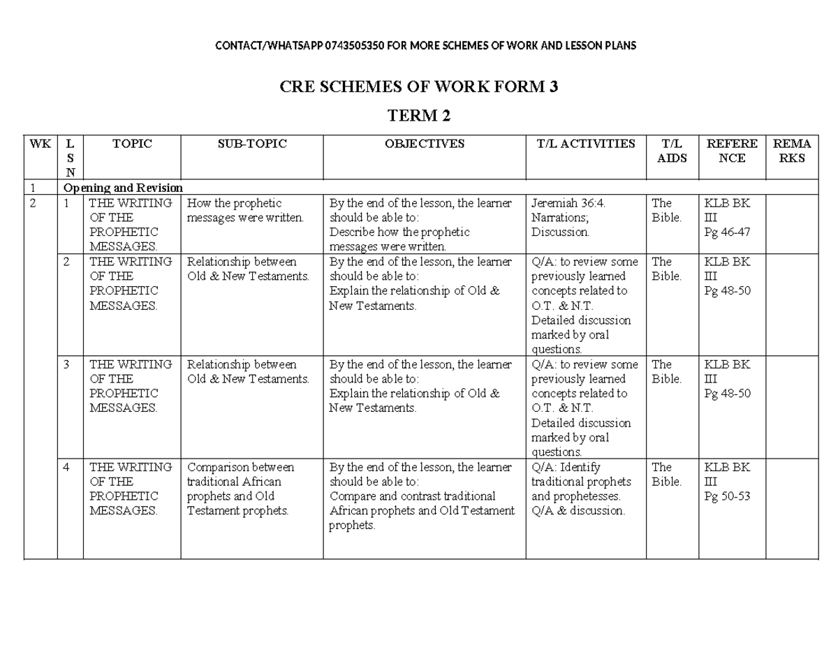 FORM 3 TERM 2 CRE Lesson Plans and Schemes of Work @0743505350 - Studocu