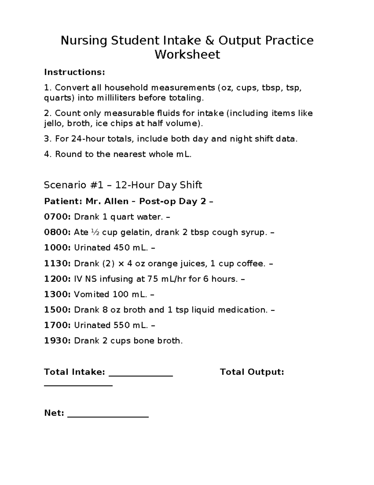 I&O Worksheet for Nursing Students: Intake & Output Practice - Studocu