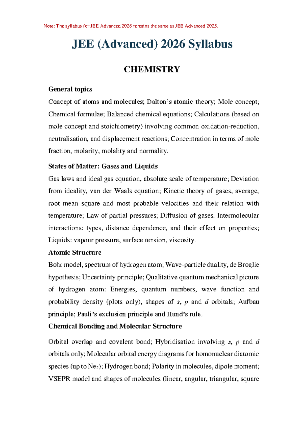JEE Advanced 2026 Syllabus Overview: Key Topics in Chemistry and ...