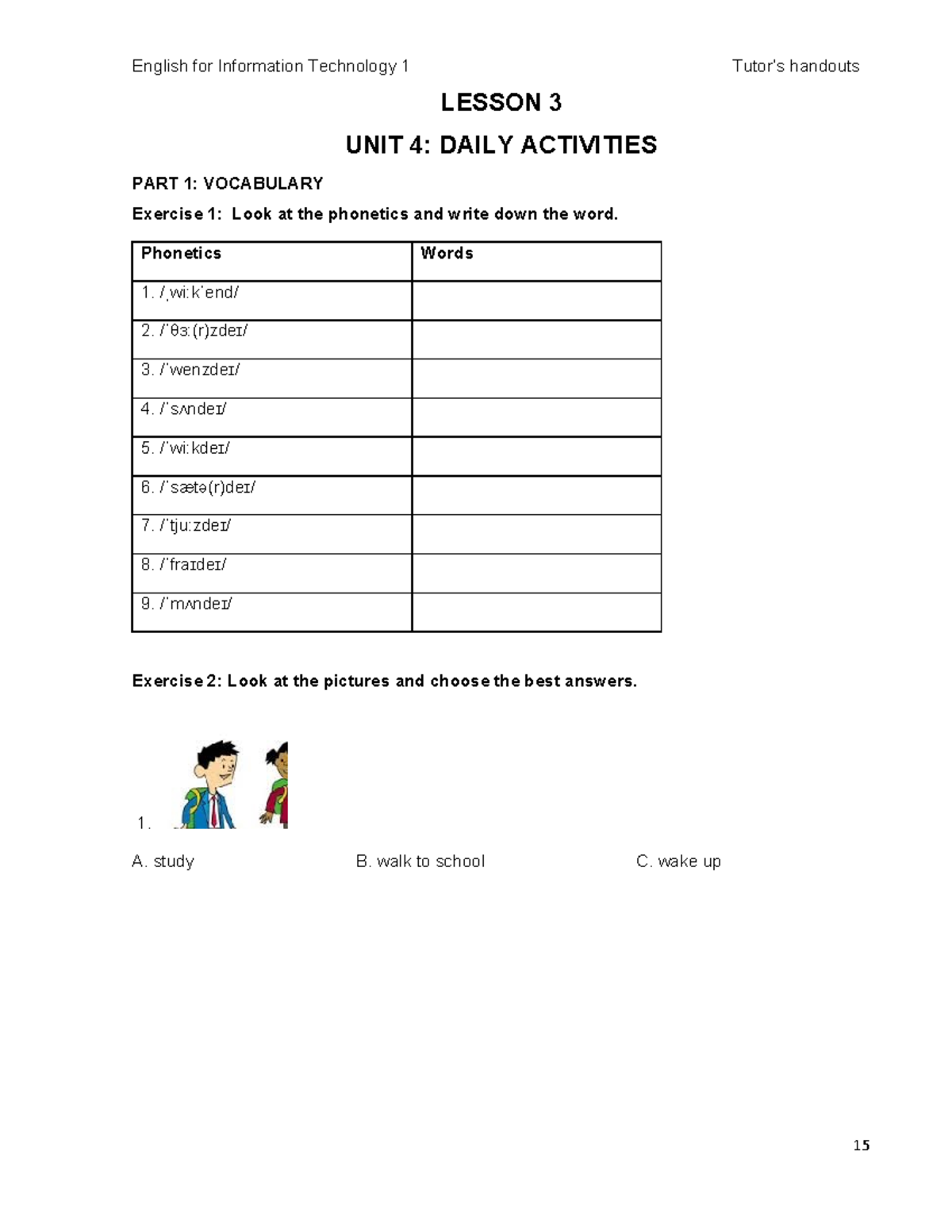 Lesson 3: Daily Activities and Vocabulary Practice - Studocu