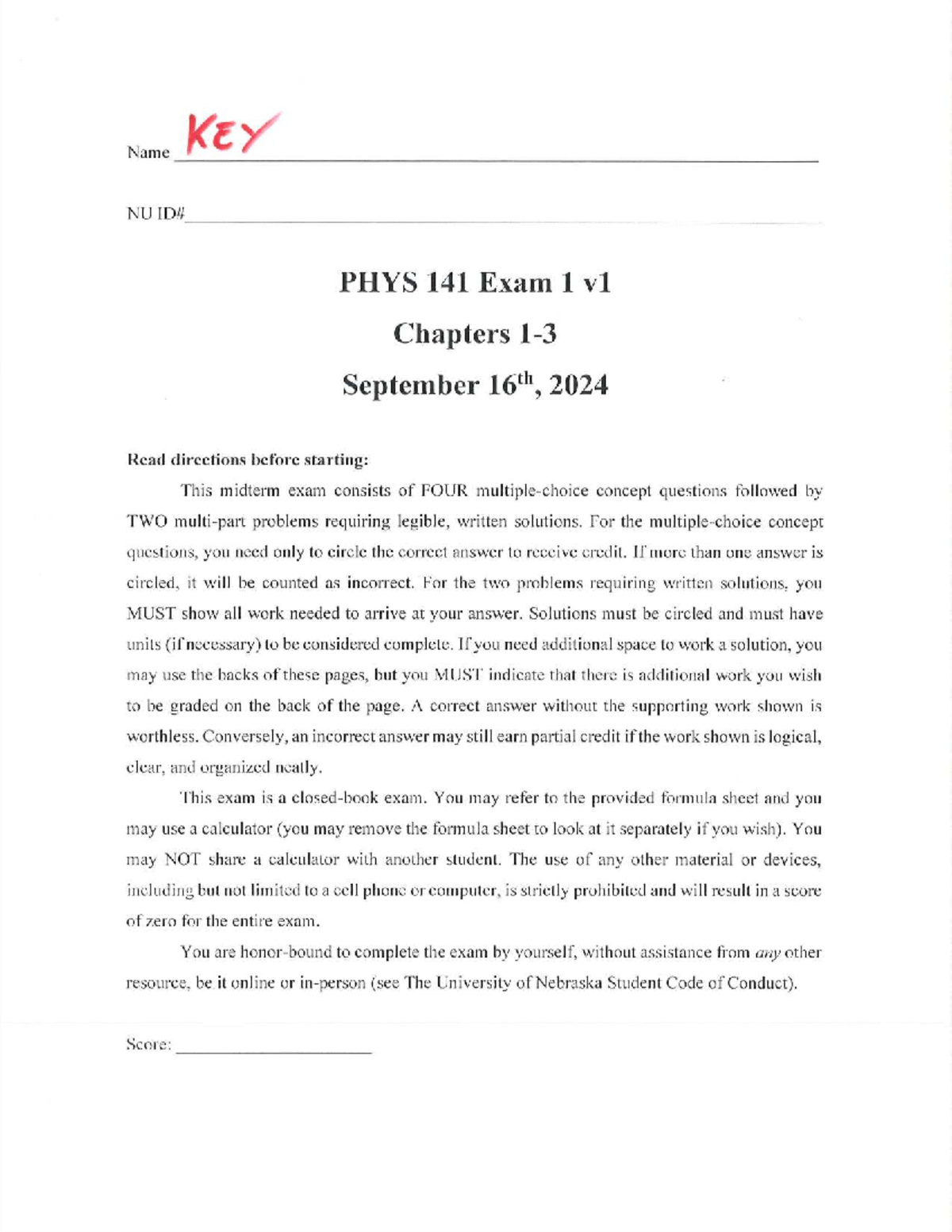 PHYS 141 Exam 1 v1 Key - Practice for Midterm Review - Studocu