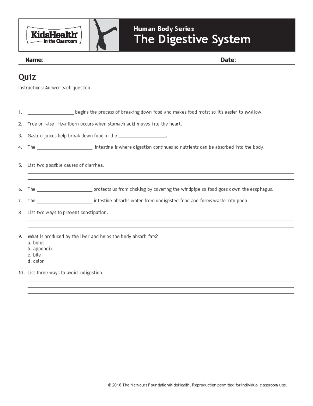 Digestive system quiz - DETAILED LESSON PLAN - © 20 16 The Nemours ...